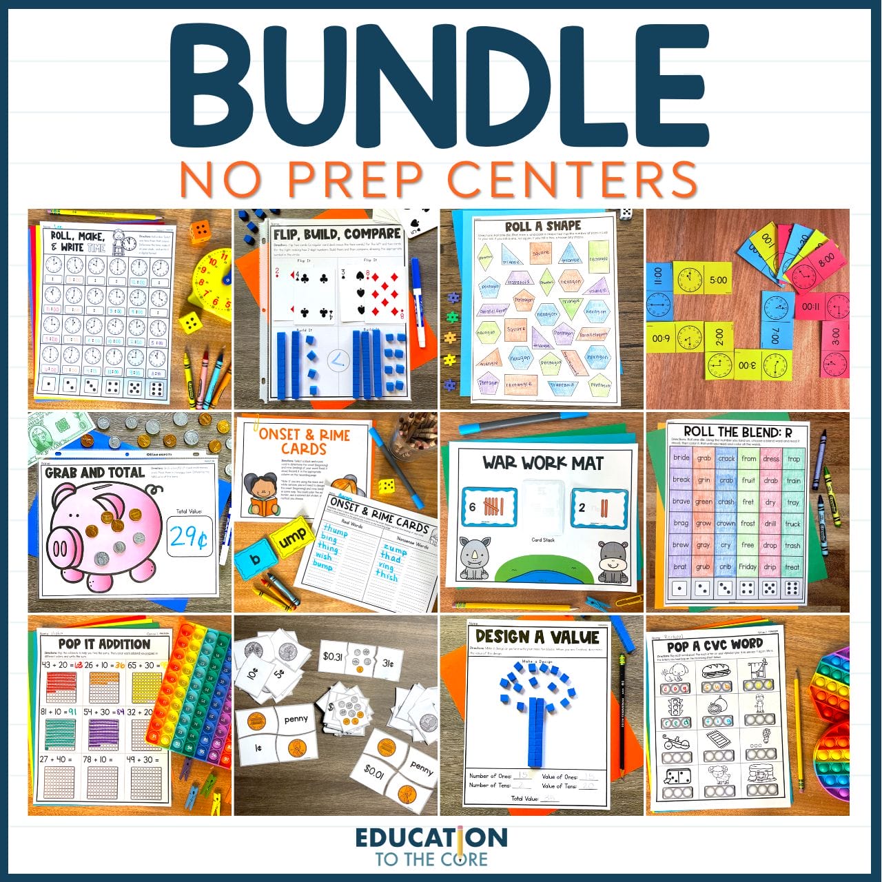 NO PREP Centers Bundle Volume 2 | Math & ELA | Education to the Core
